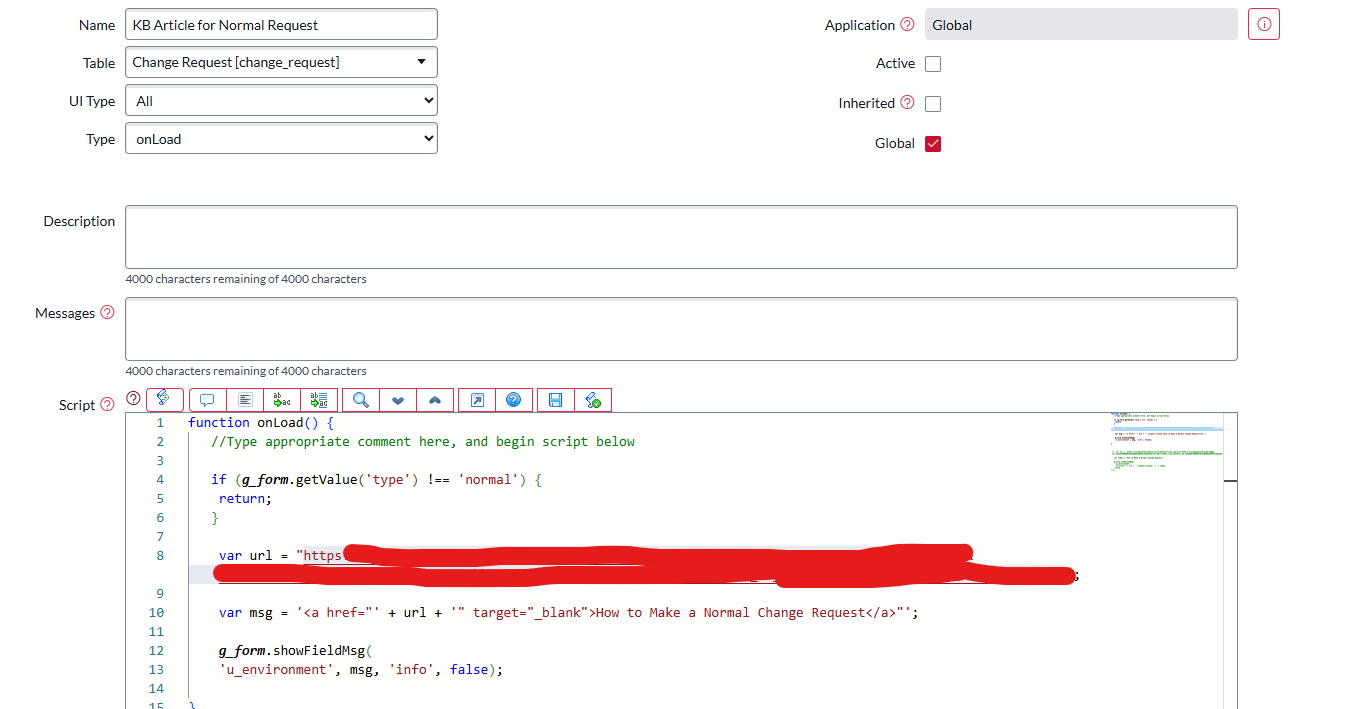Onload client script to insert a url link on norma... - ServiceNow Community